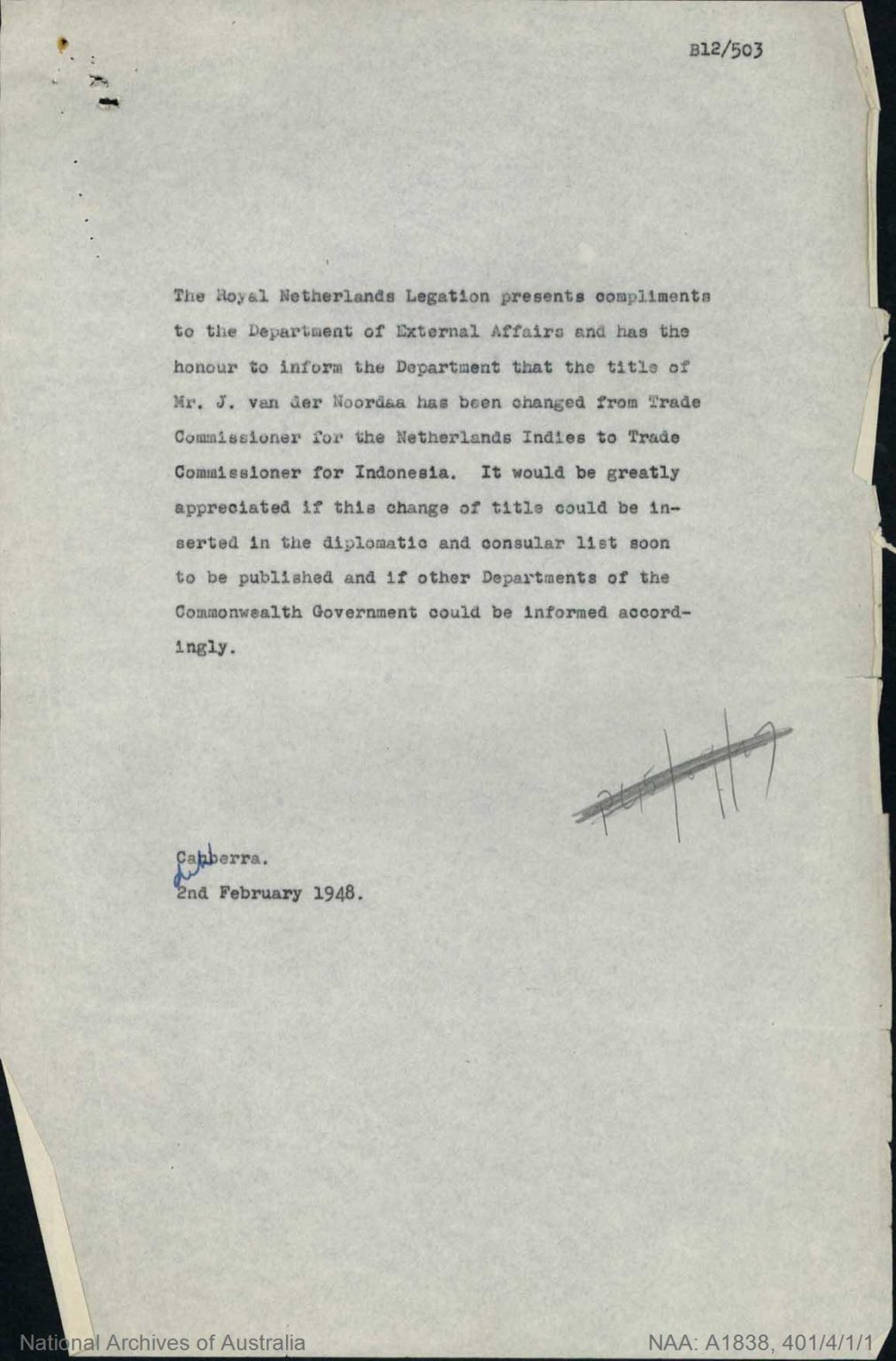 Various WWII Diplomatic Australian documents - Dutch Australia Cultural Centre