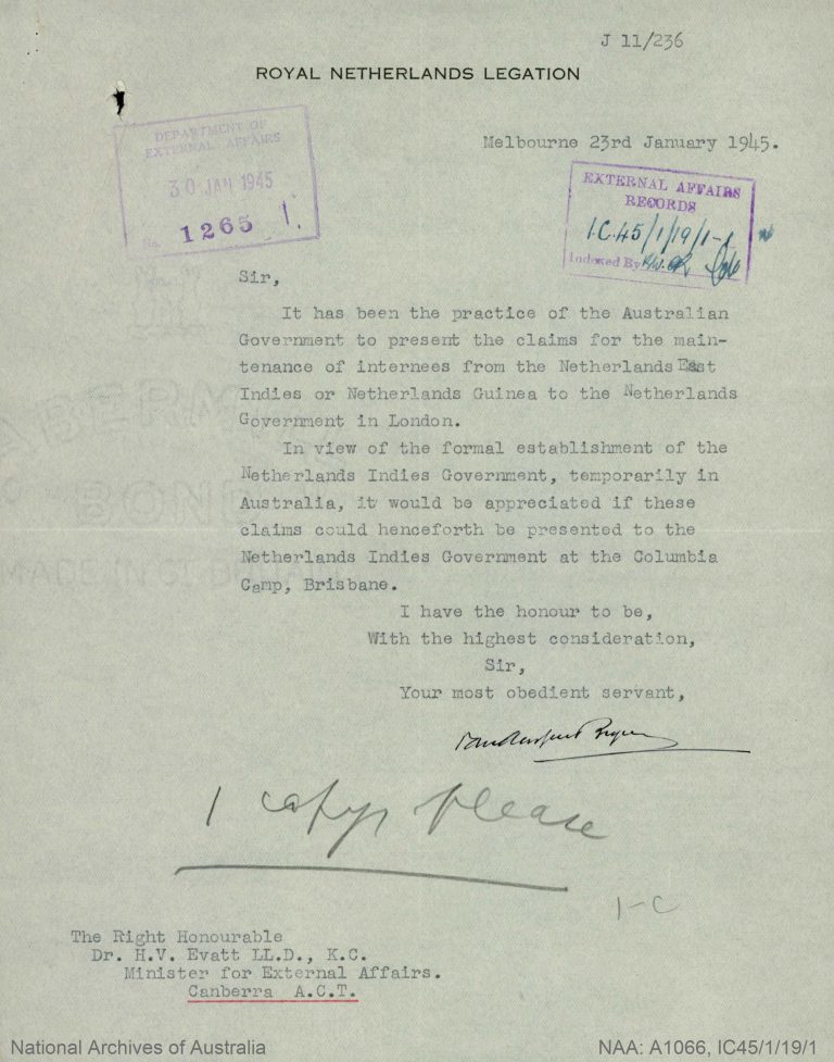 Various WWII Diplomatic Australian documents - Dutch Australia Cultural ...